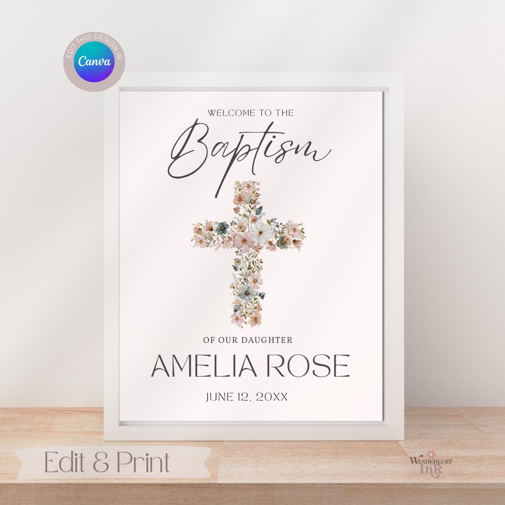 Editable Baptism Welcome Sign Template Girl, Floral Cross Christening ...