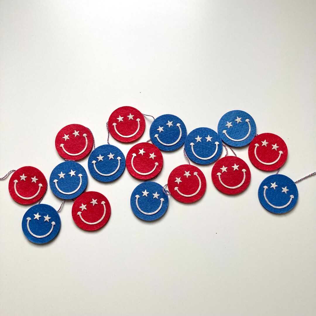 Star Eyed Smile Face Garland - Summer Patriotic Felt Smile Face Garland ...