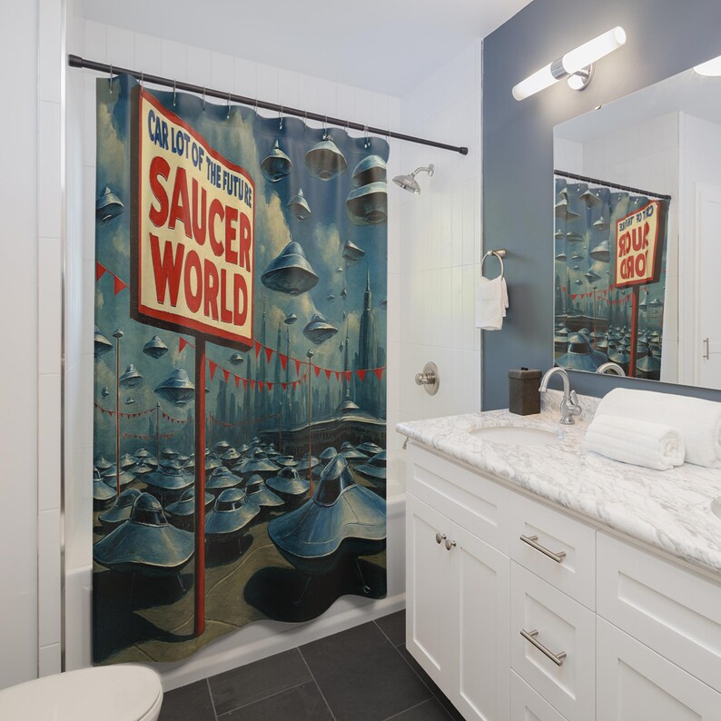 Saucer World Lot of the Future Shower Curtain Retro UFO Sci Fi ...