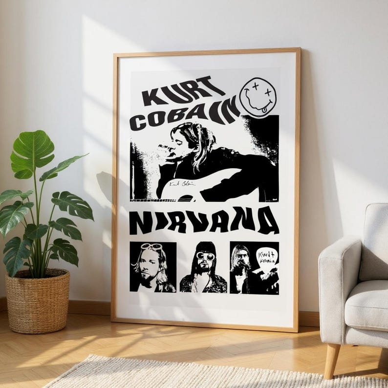 Kurt Cobain Poster Nirvana Wall Art Black and White Grunge Collage ...