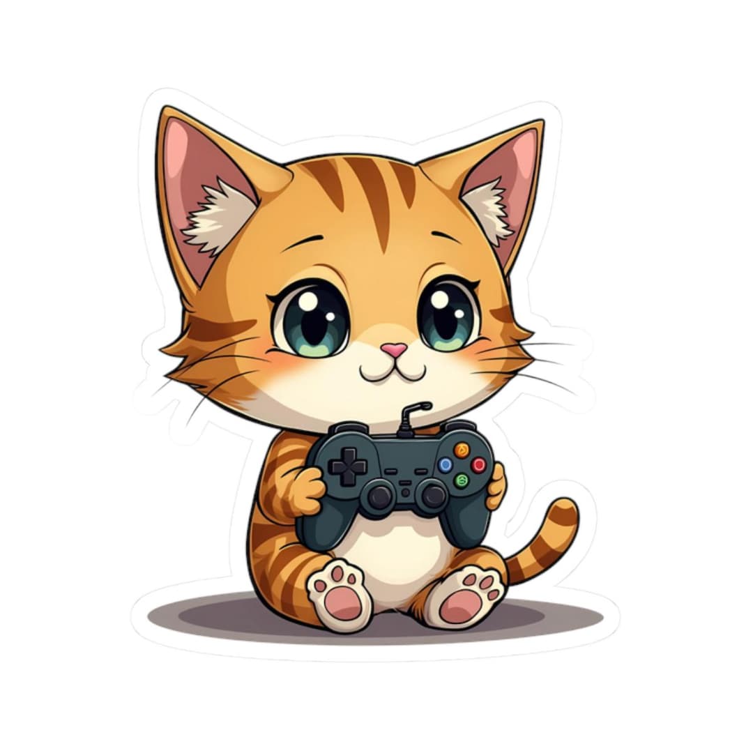 Gamer Cat Sticker - Cute Kiss Cut Vinyl Sticker of Cat With Game ...