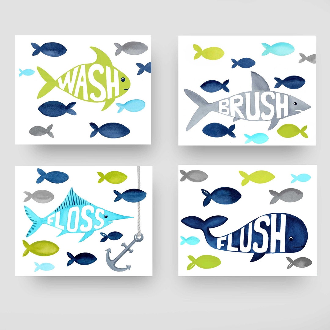 Fish bathroom wall art prints , kids bathroom art decor, pillowfort ...
