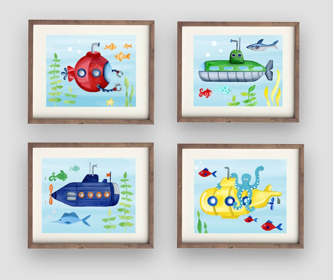 Submarine Watercolor Art Prints: Kids Bathroom Bedroom Decor - Etsy