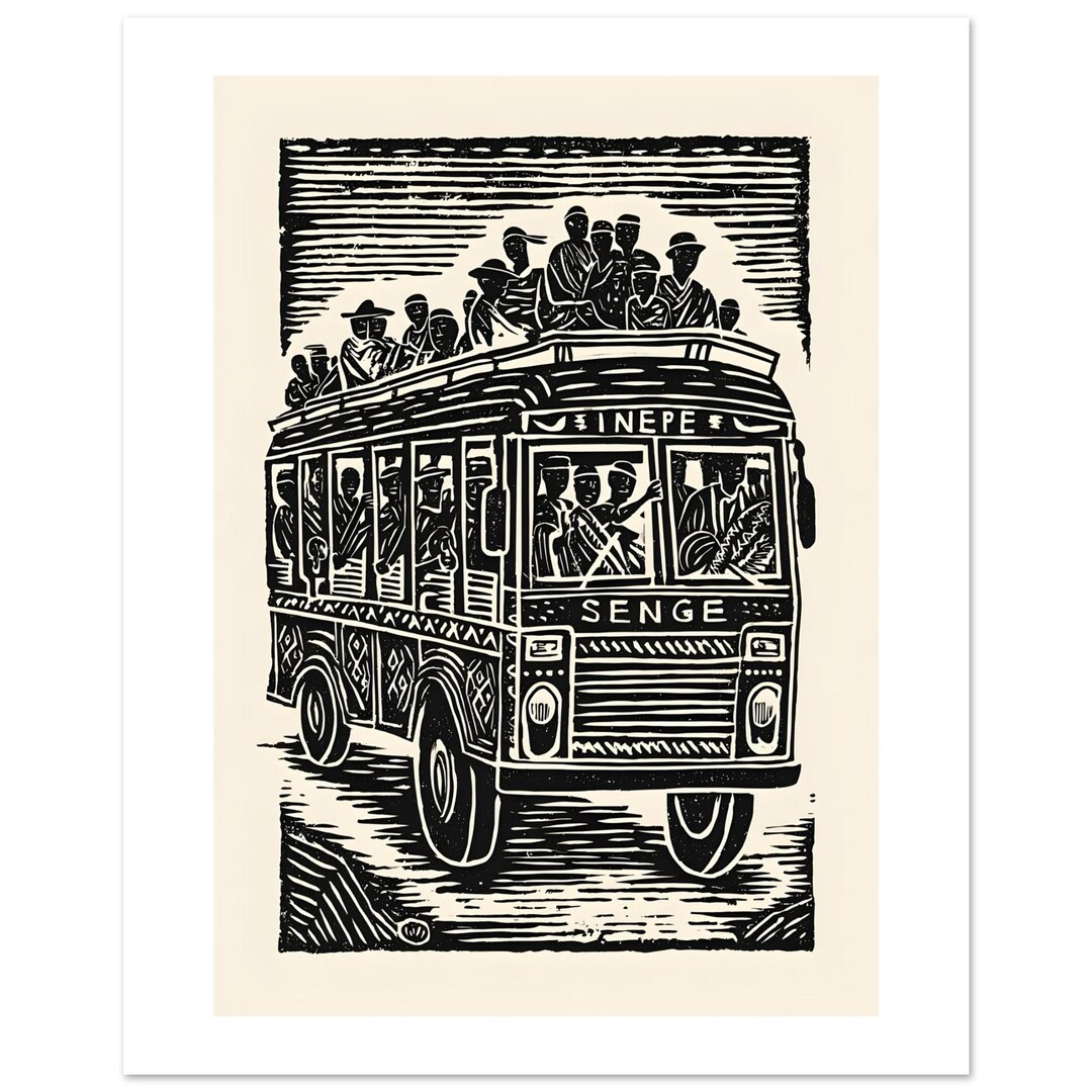 Bus Linocut Poster – African City Life Black & White Art Print, Vintage ...