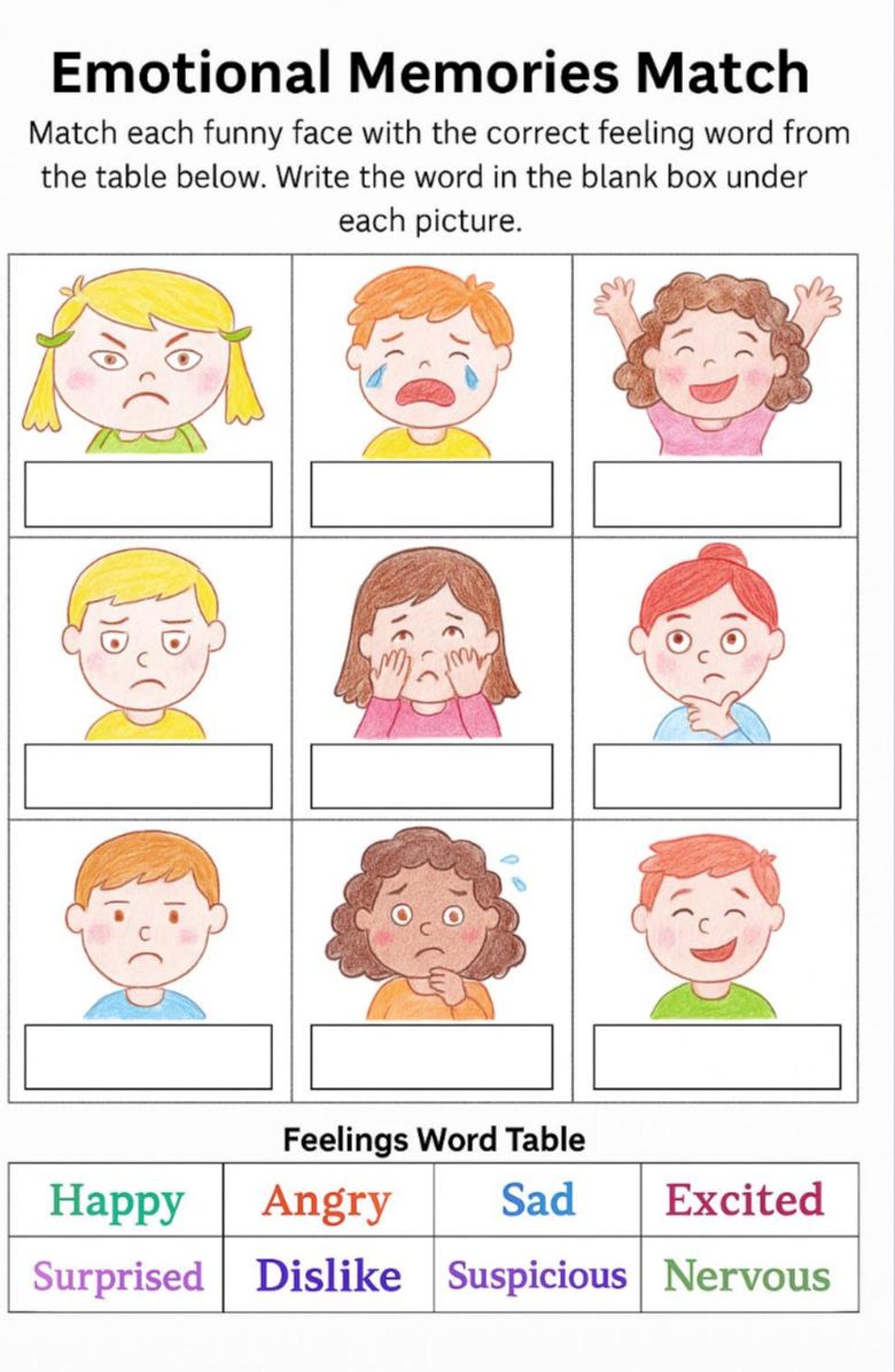 Emotional Face Matching, Game Printable, Feeling Worksheet for Kids ...