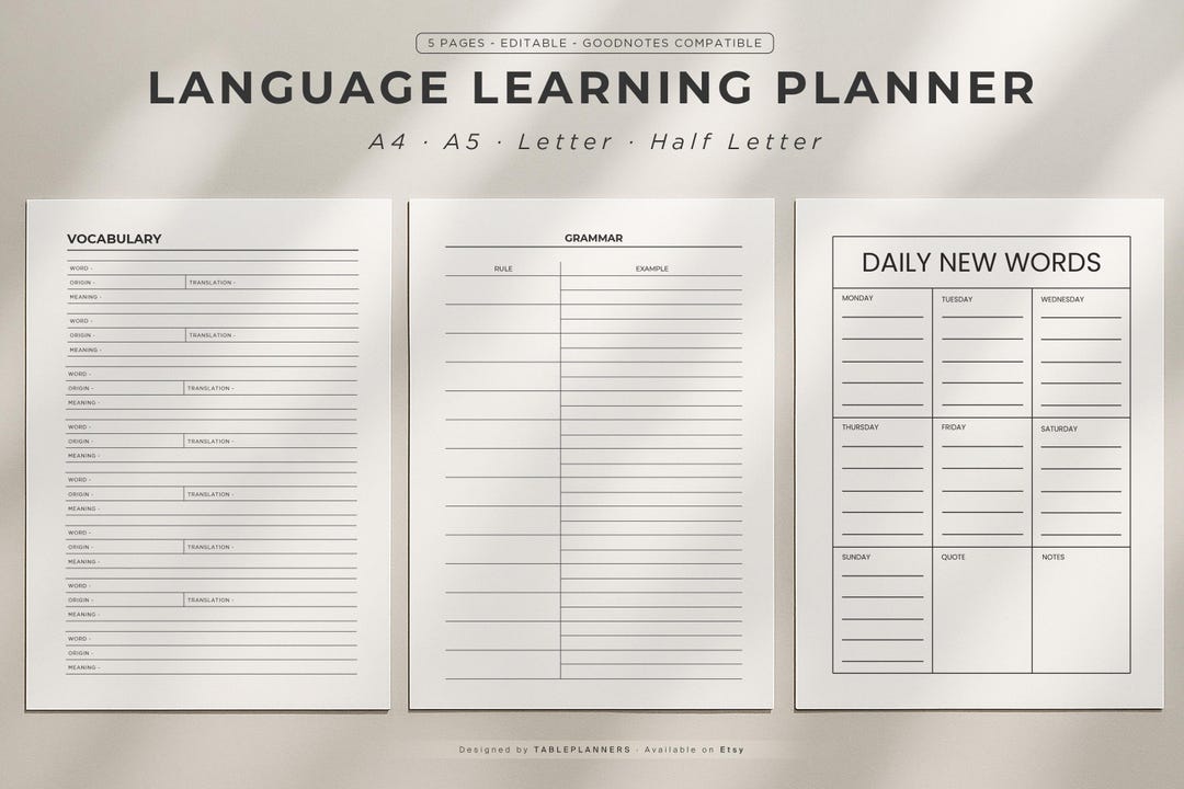 Language Learning Planner Printable, Language Journal PDF, Grammar ...