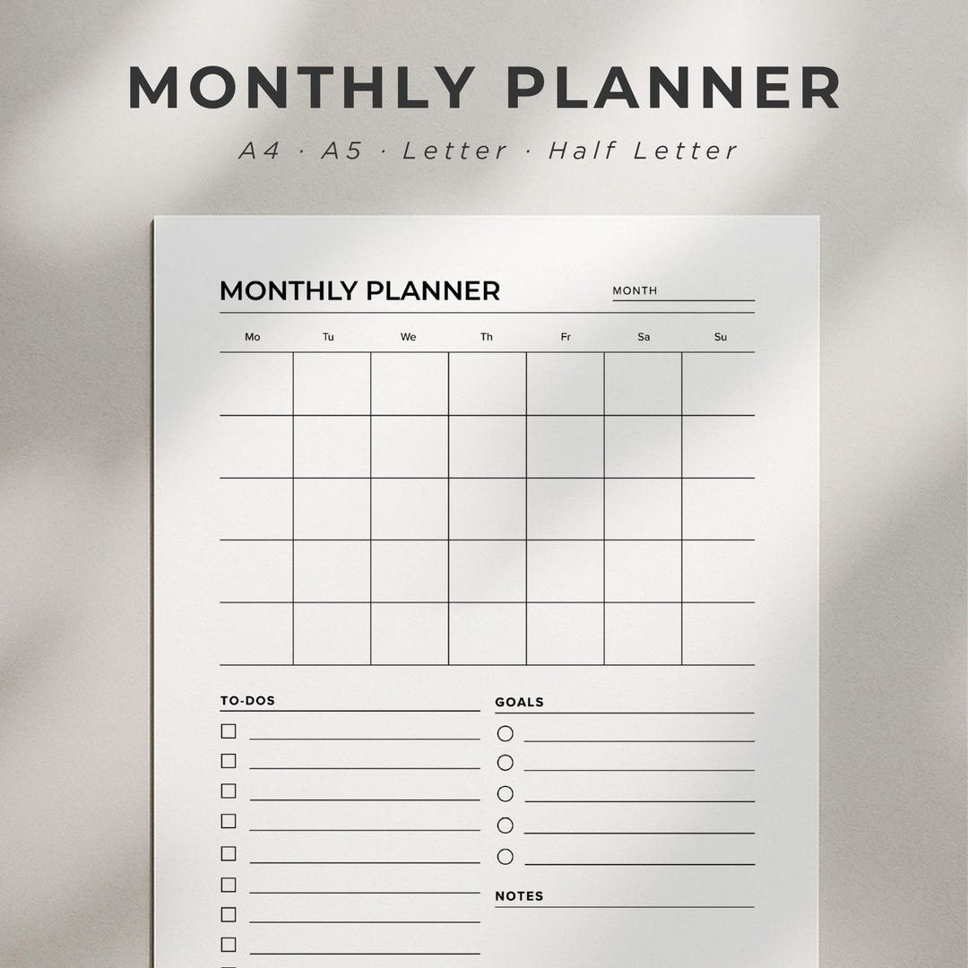 Minimalist Monthly Planner Printable, Undated Calendar, Fillable Goal ...