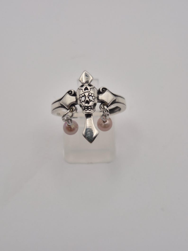 Sugar Skull Cross Mini Pearl Ring - Etsy UK