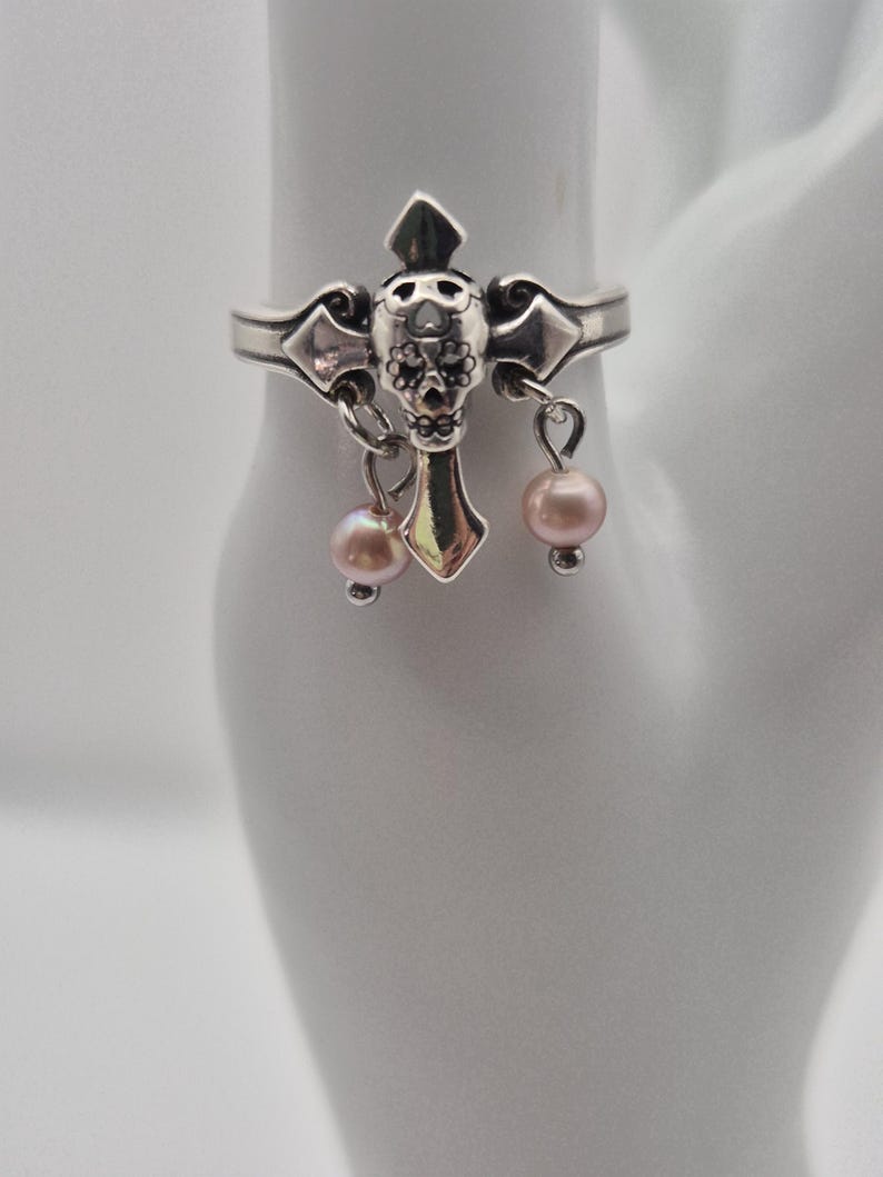 Sugar Skull Cross Mini Pearl Ring - Etsy UK