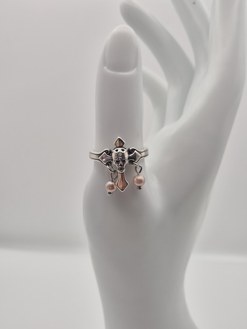 Sugar Skull Cross Mini Pearl Ring - Etsy UK