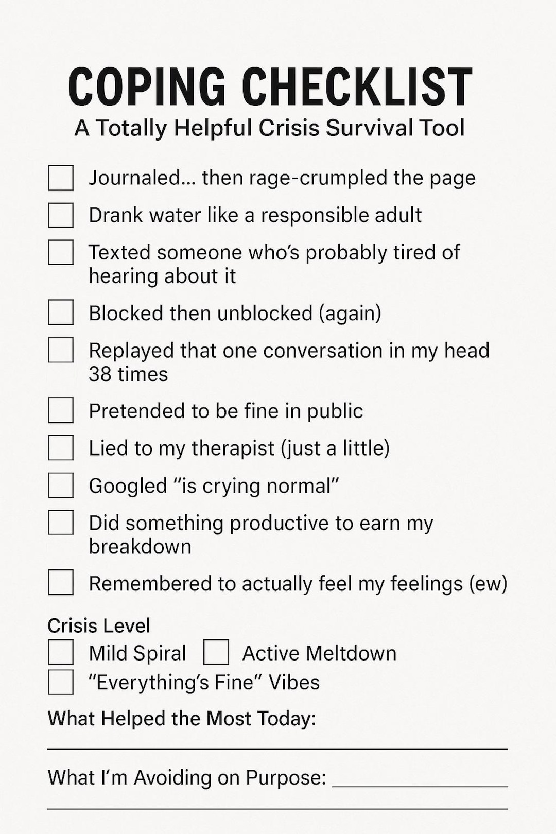Coping Checklist – Funny Digital Download, Emotional Meltdown Tracker ...