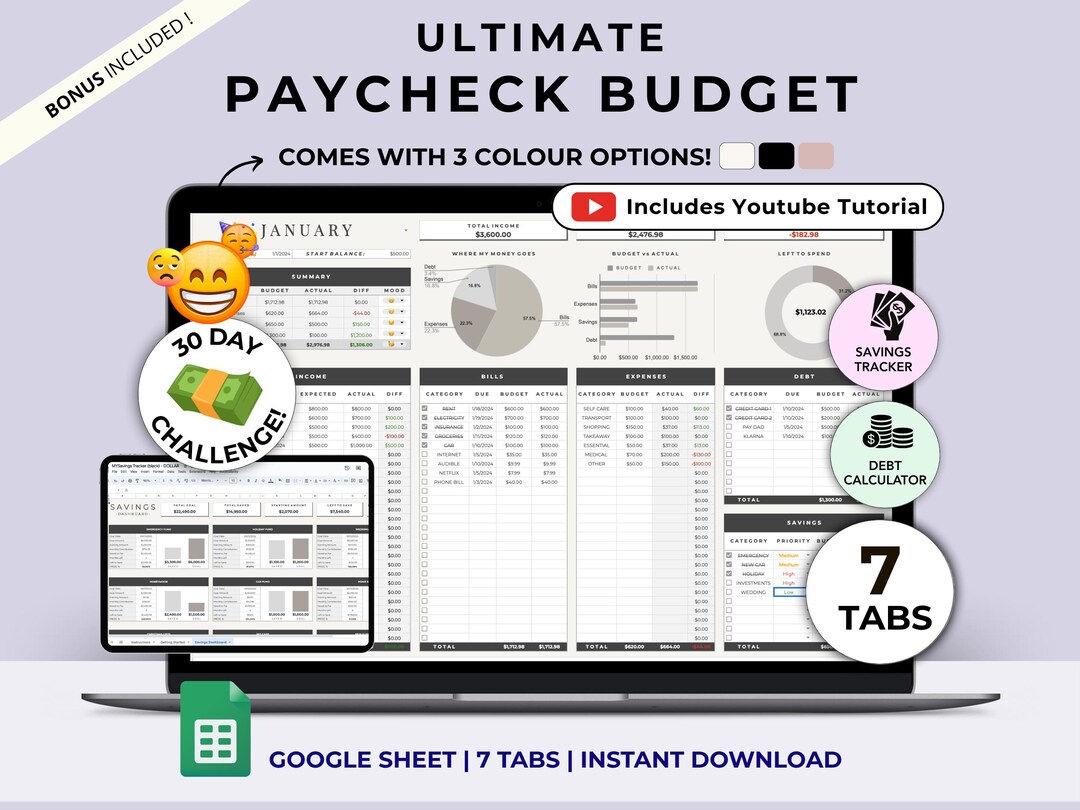 Paycheck Budget Spreadsheet: Google Sheets Financial Planner (digital ...