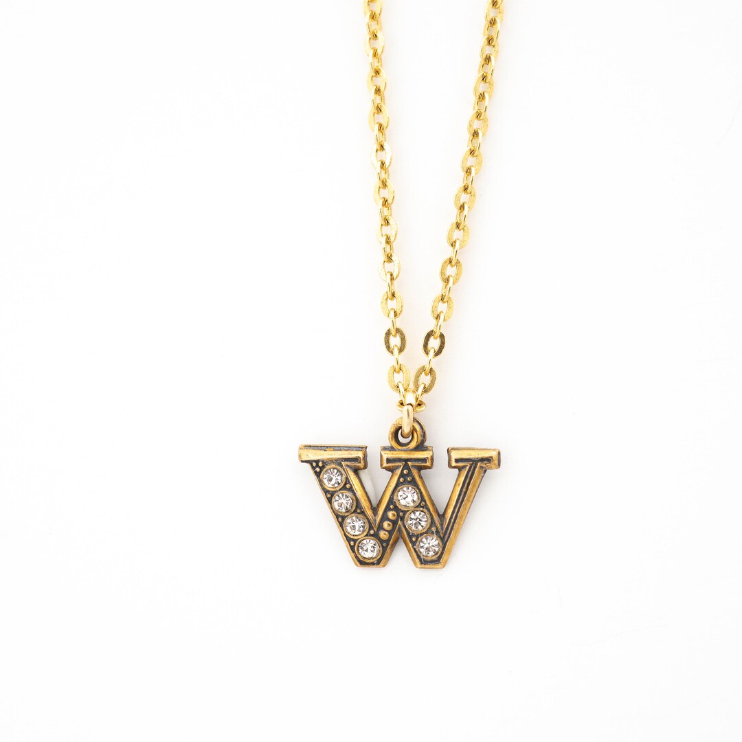 Upcycled Gold Initial Necklace Pave Letter W Charm, Layering Matte Gold ...