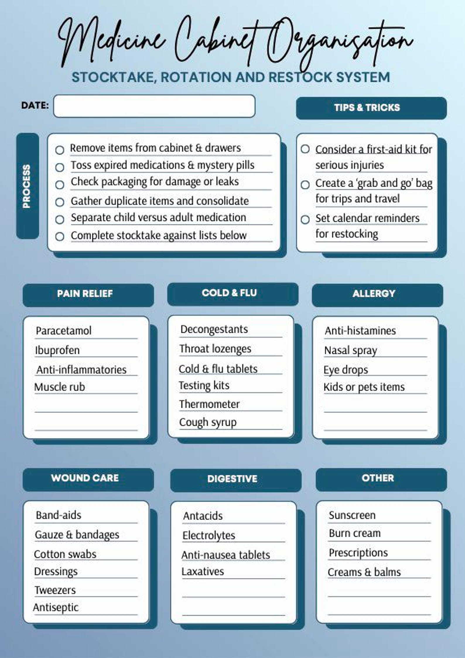 Medicine Cabinet Organizer Printable | Emergency Prep Checklist | First ...