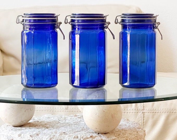 Hinged Cobalt Blue Glass Canister With Wire Bale | Farmhouse Kitchen ...
