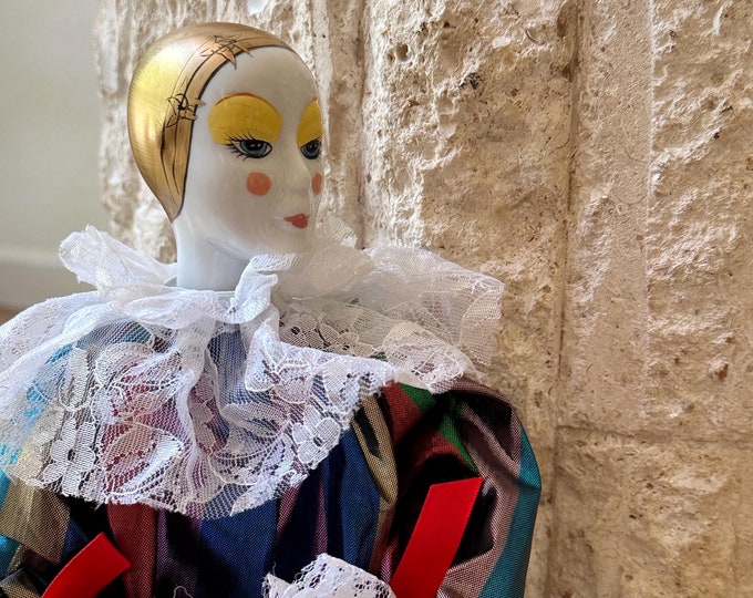 Porcelain Harlequin Clown Doll Figurine | Venetian Pierrot Masked Toy ...