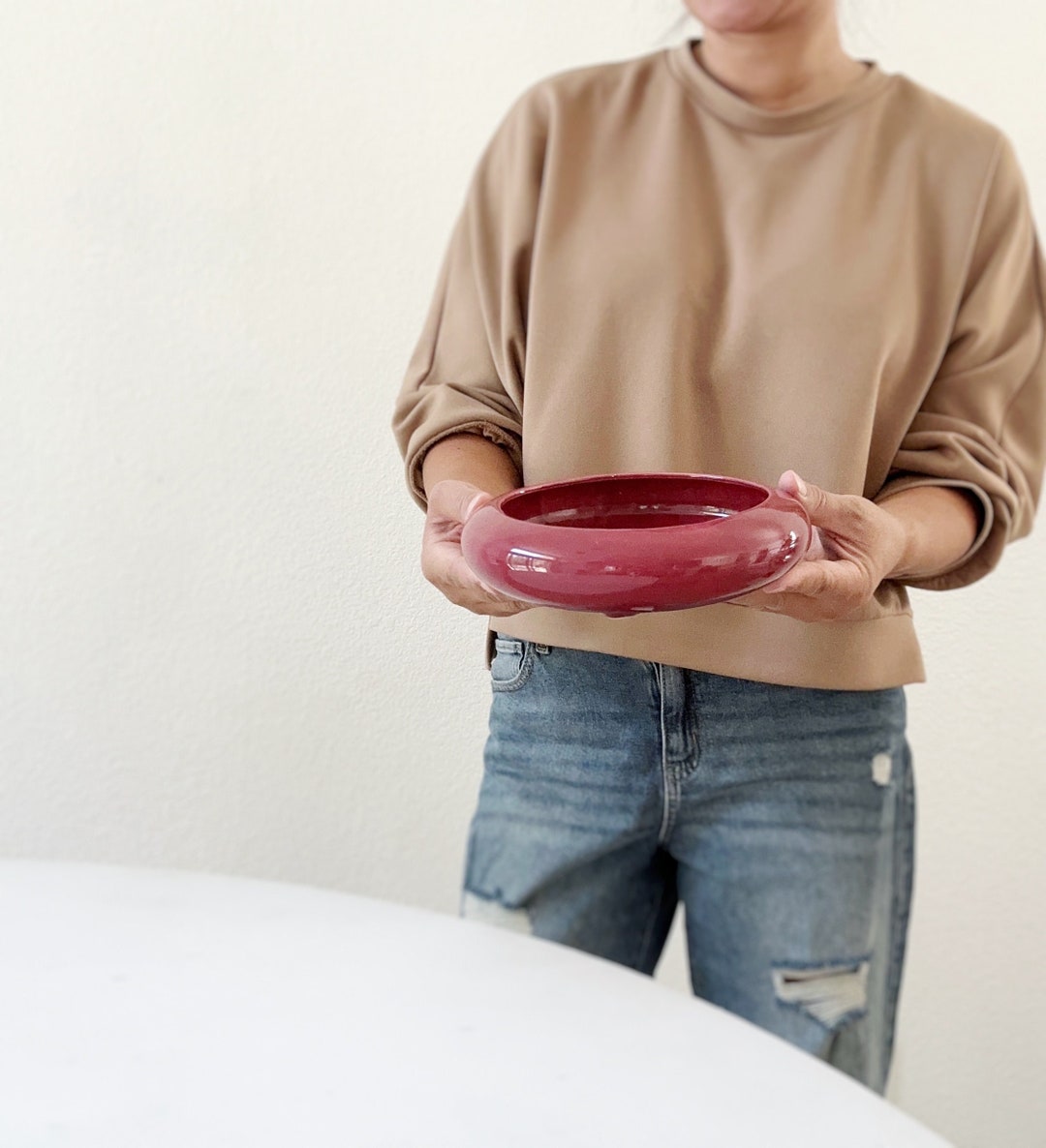 Vintage Shallow Round Maroon Ceramic Planter Flower Vase | Orb Pot - Etsy