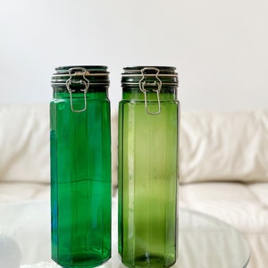 Hinged Vintage Emerald Green Glass Canister With Wire Bale Farmhouse ...