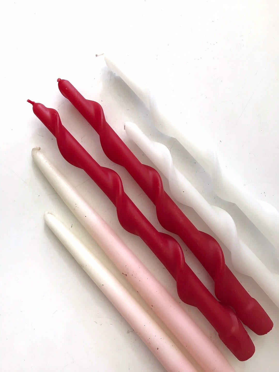 Vintage Twisted White Red Tapered Wax Candle Set | Twisty Spiral ...