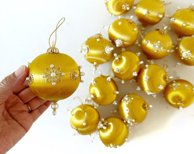 Beaded Mustard Yellow Satin Unbreakable Christmas Ball Ornament Set 15 ...