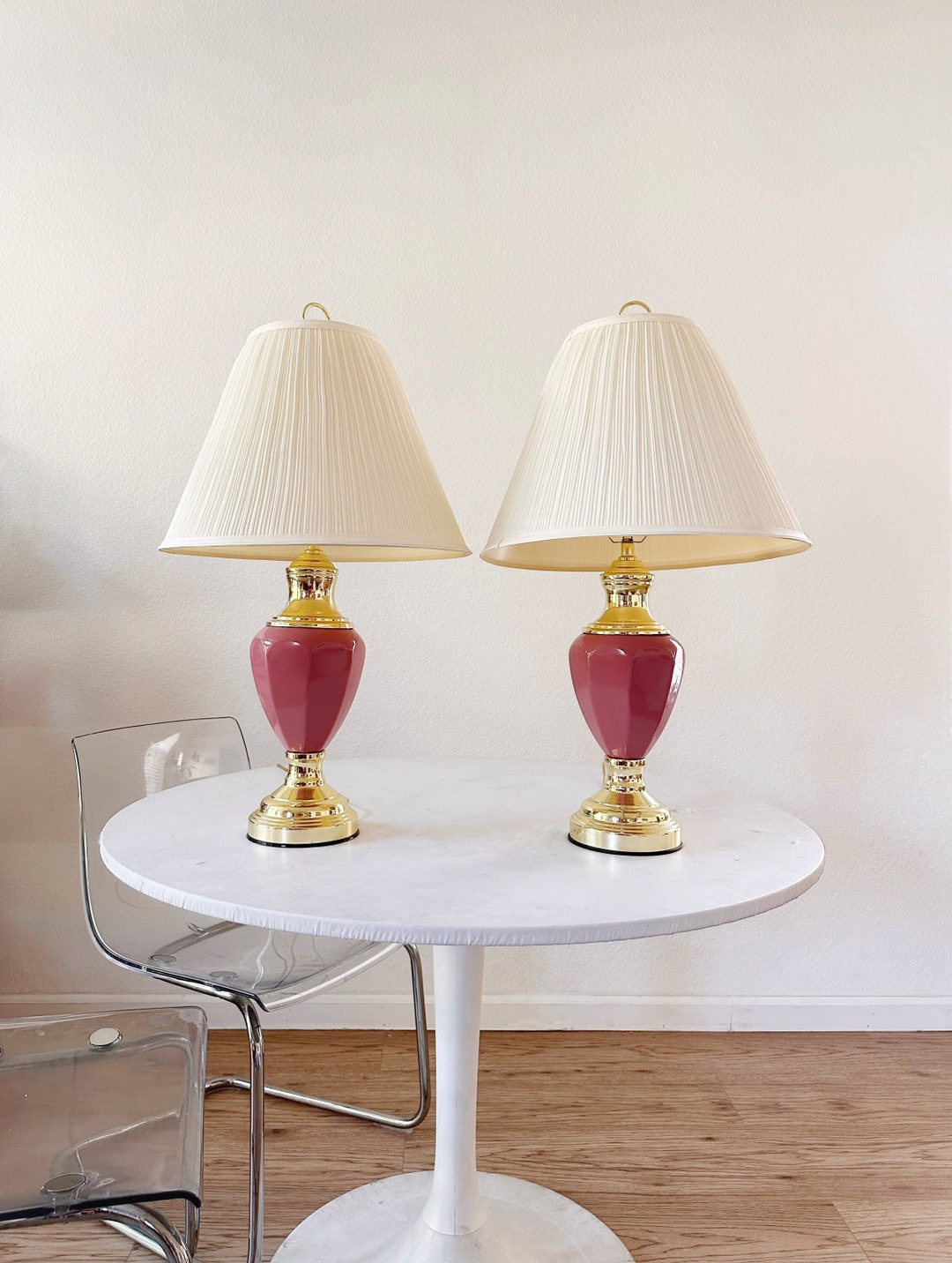 Pair of Vintage Pink Brass Table Lamps | Hollywood Regency Mid Century ...
