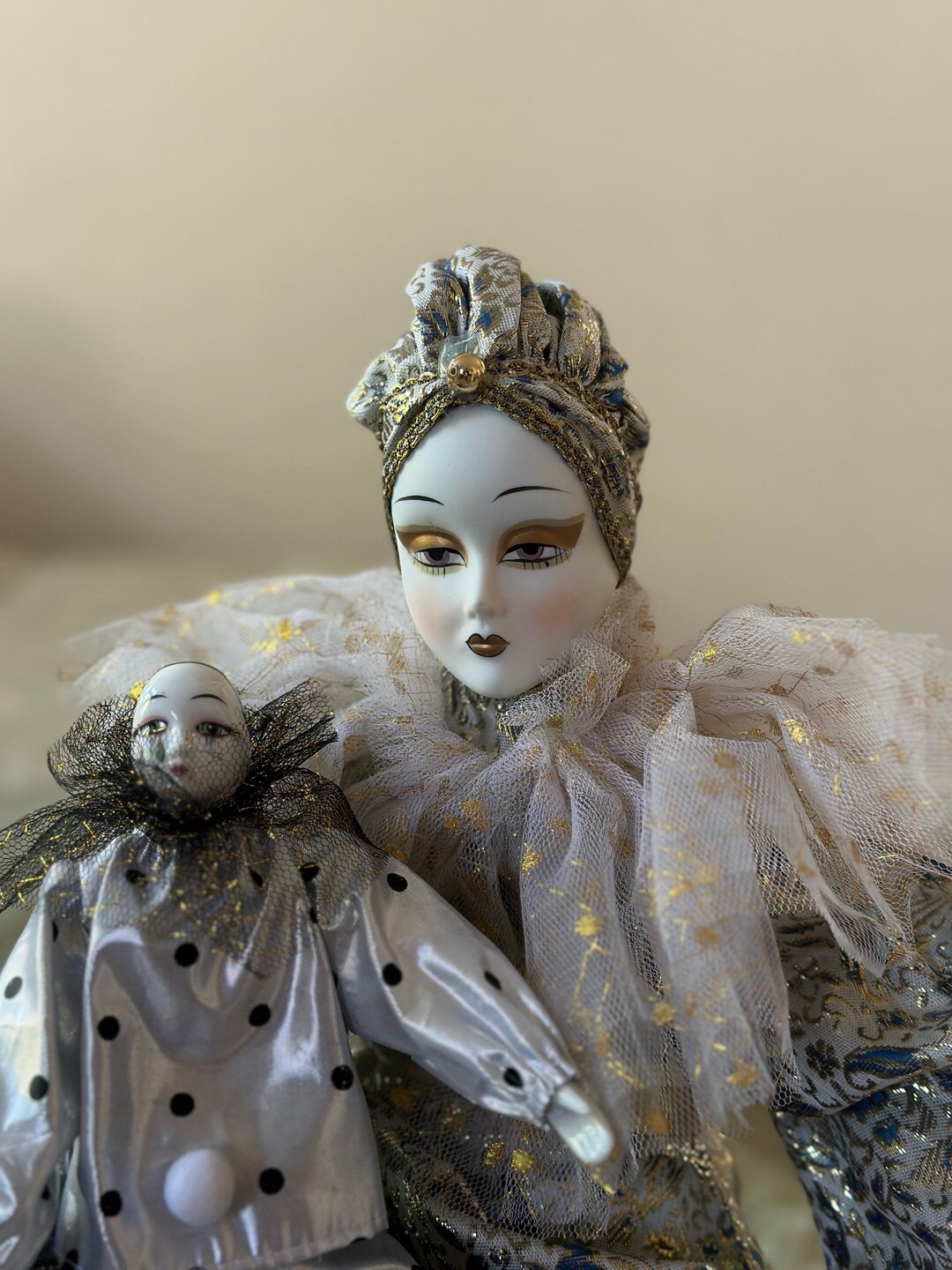 Porcelain Harlequin Clown Doll Figurine | Venetian Pierrot Masked Toy ...