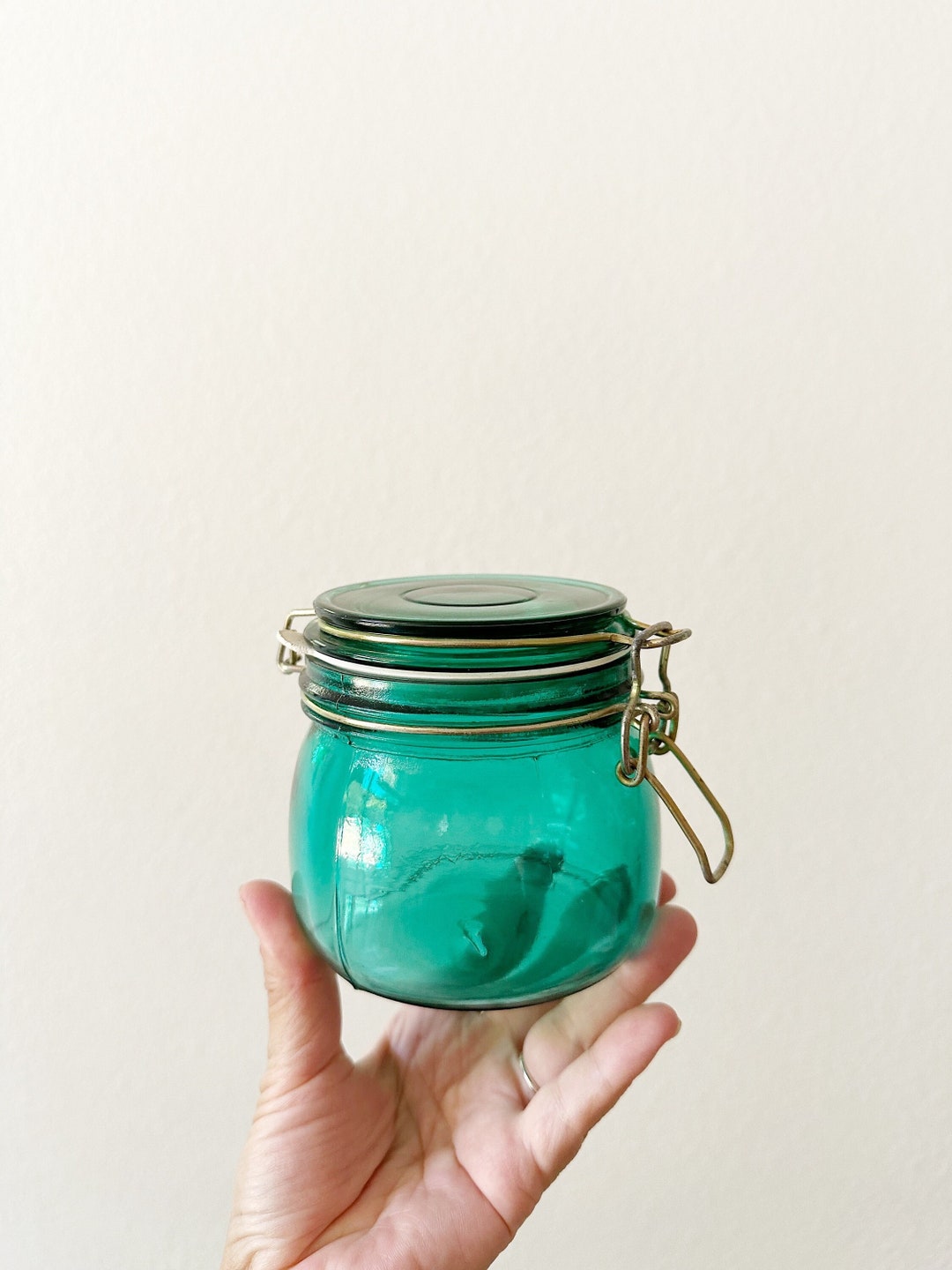 Hinged Vintage Teal Green Glass Canister With Wire Bale | Farmhouse ...