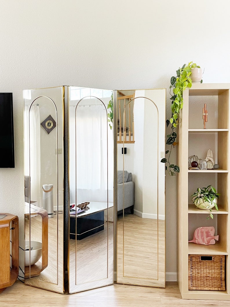 Hollywood Regency Gold Metal Panel Room Divider Screen | Glass Standing ...