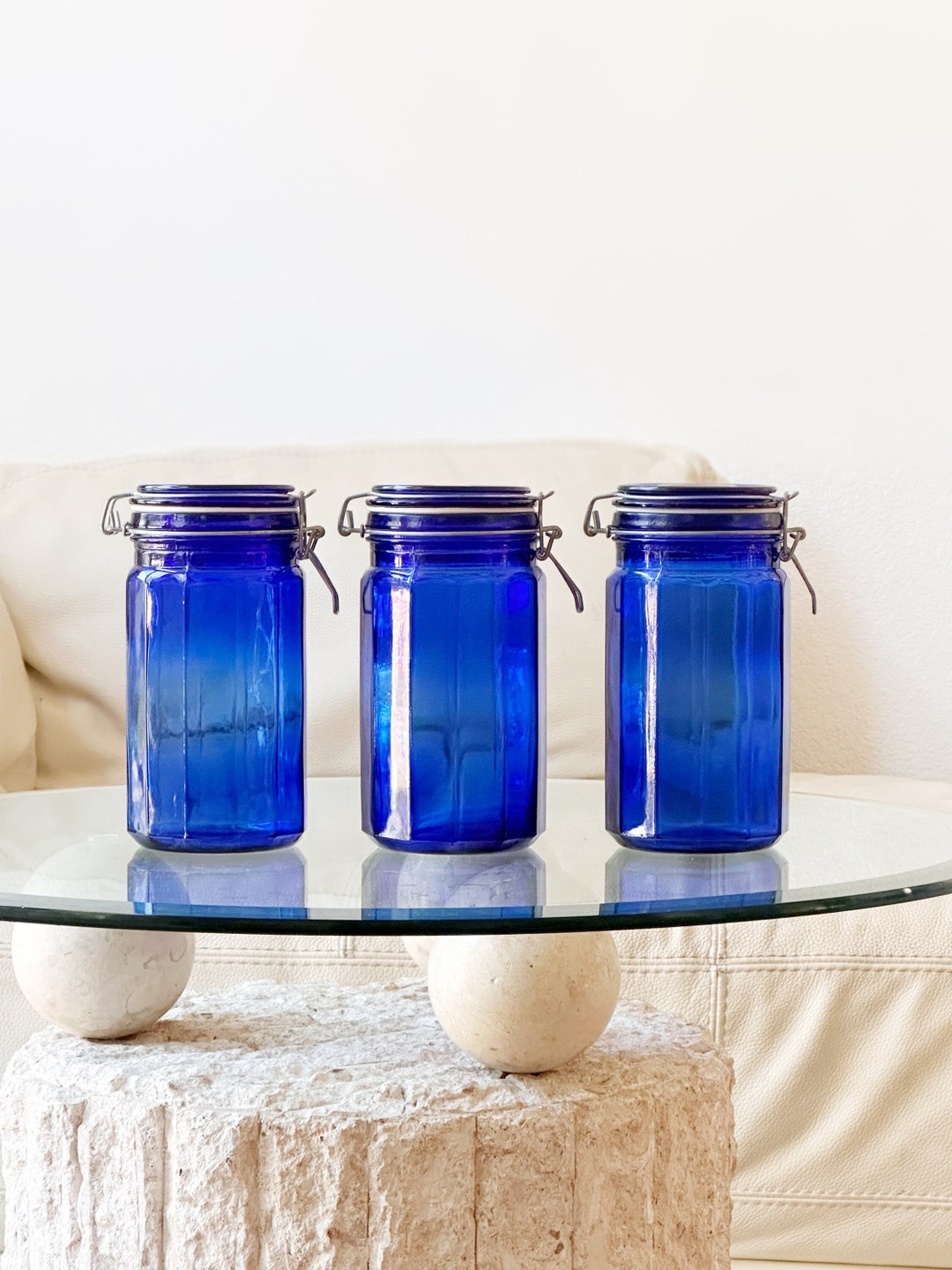 Hinged Cobalt Blue Glass Canister With Wire Bale | Farmhouse Kitchen ...