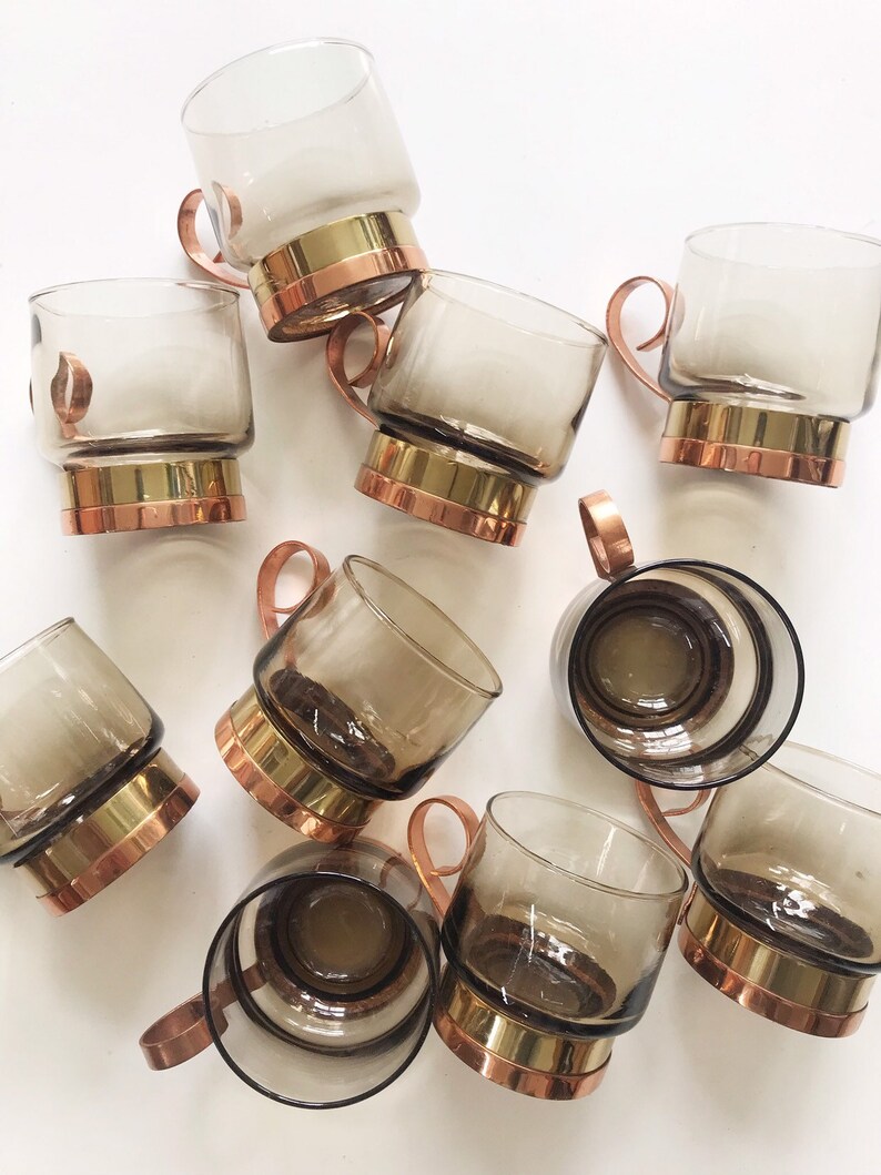 Mid century modern smokey brown glass copper tea cup mugs with | Etsy