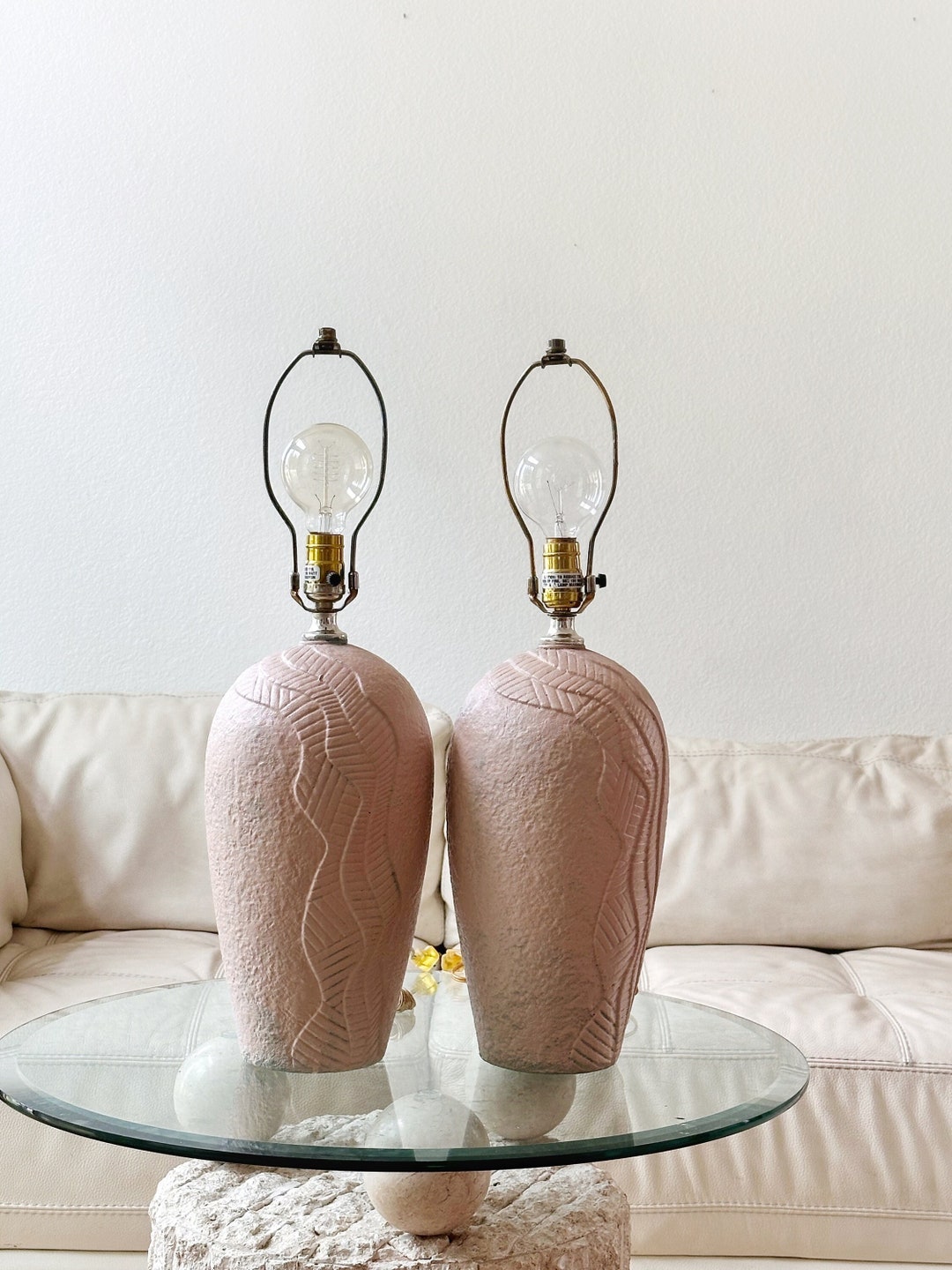 1980s Post Modern Dry Clay Pink Table Lamps | Matching Floral Set of 2 ...