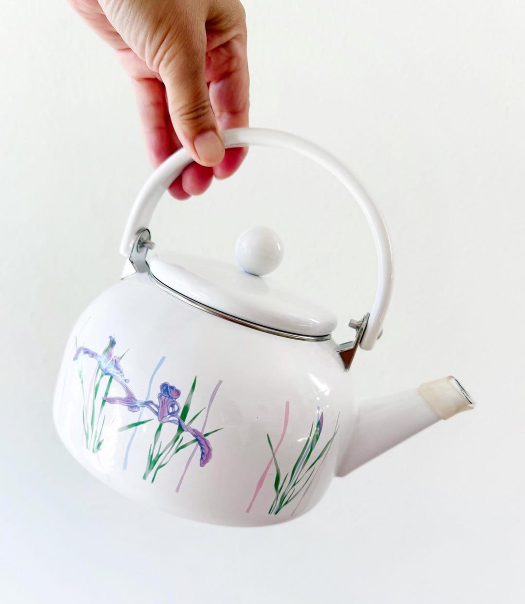 Corelle Shadow Purple Iris Teapot White Enamel on Metal Teapot ...