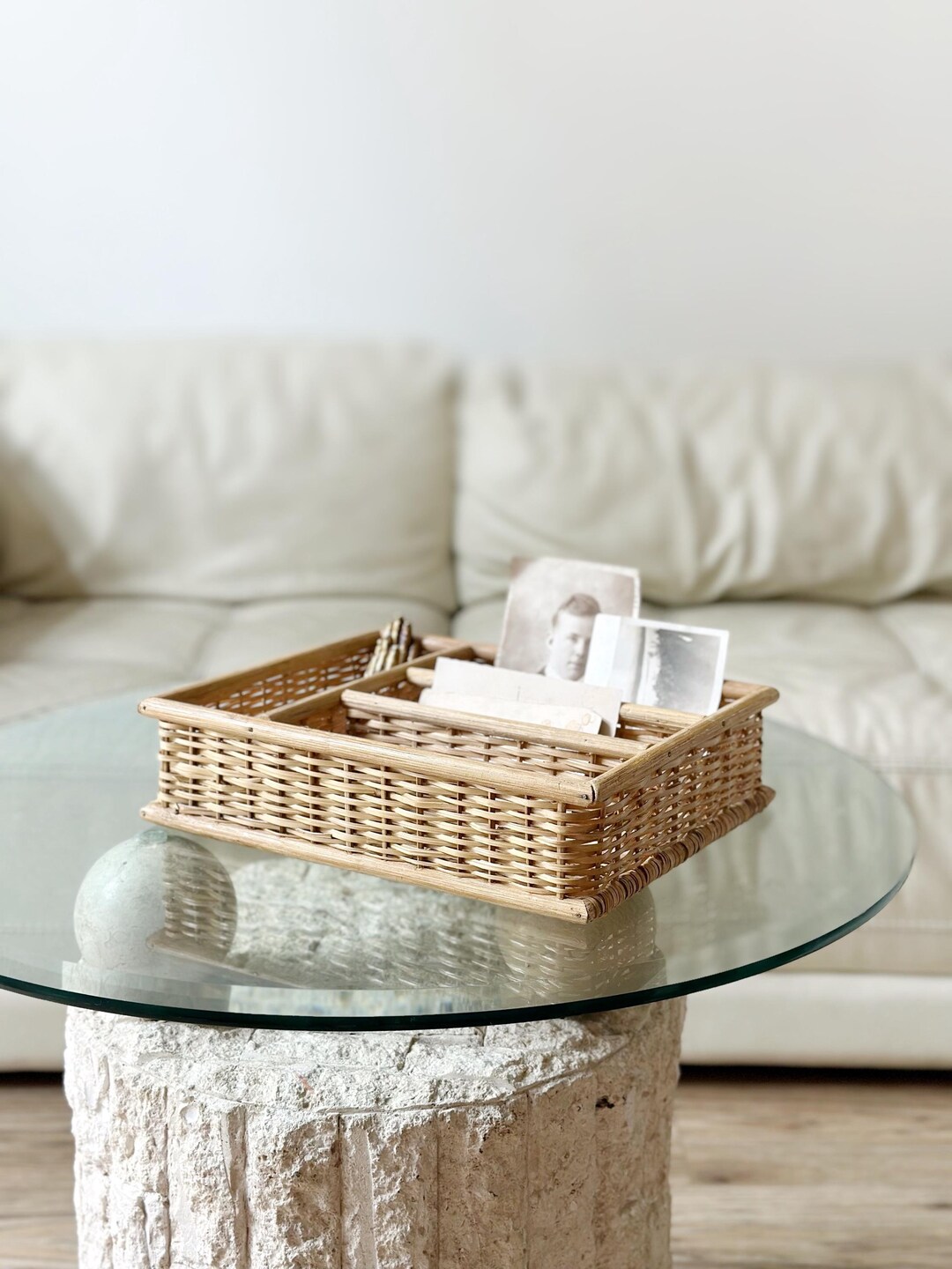 Mid Century Wicker Rattan Office Organizer Box With Lid / Bamboo Paper ...