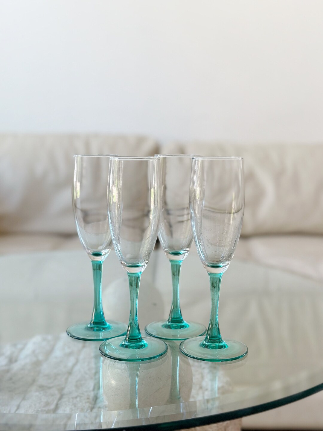 Set of 4 Teal Green Glass Stemware Champagne Flute Glasses / Teal ...
