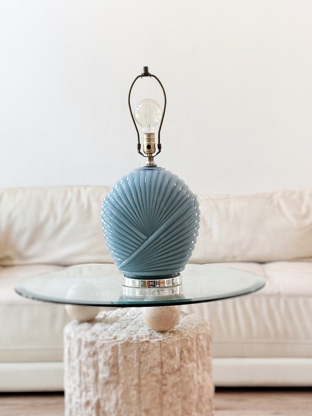 Postmodern Soft Blue Shell Glass Table Lamp | Art Deco Curved Lines - Etsy