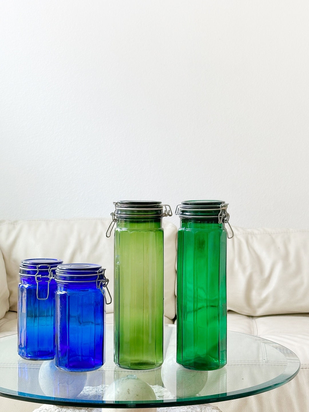 Hinged Vintage Emerald Green Glass Canister With Wire Bale Farmhouse ...