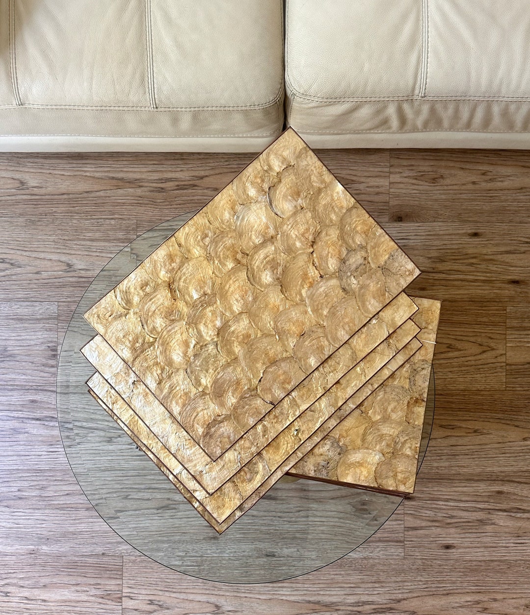 Set Of 4 Large Capiz Shell Serving Table Placemat Trays Housewarmings