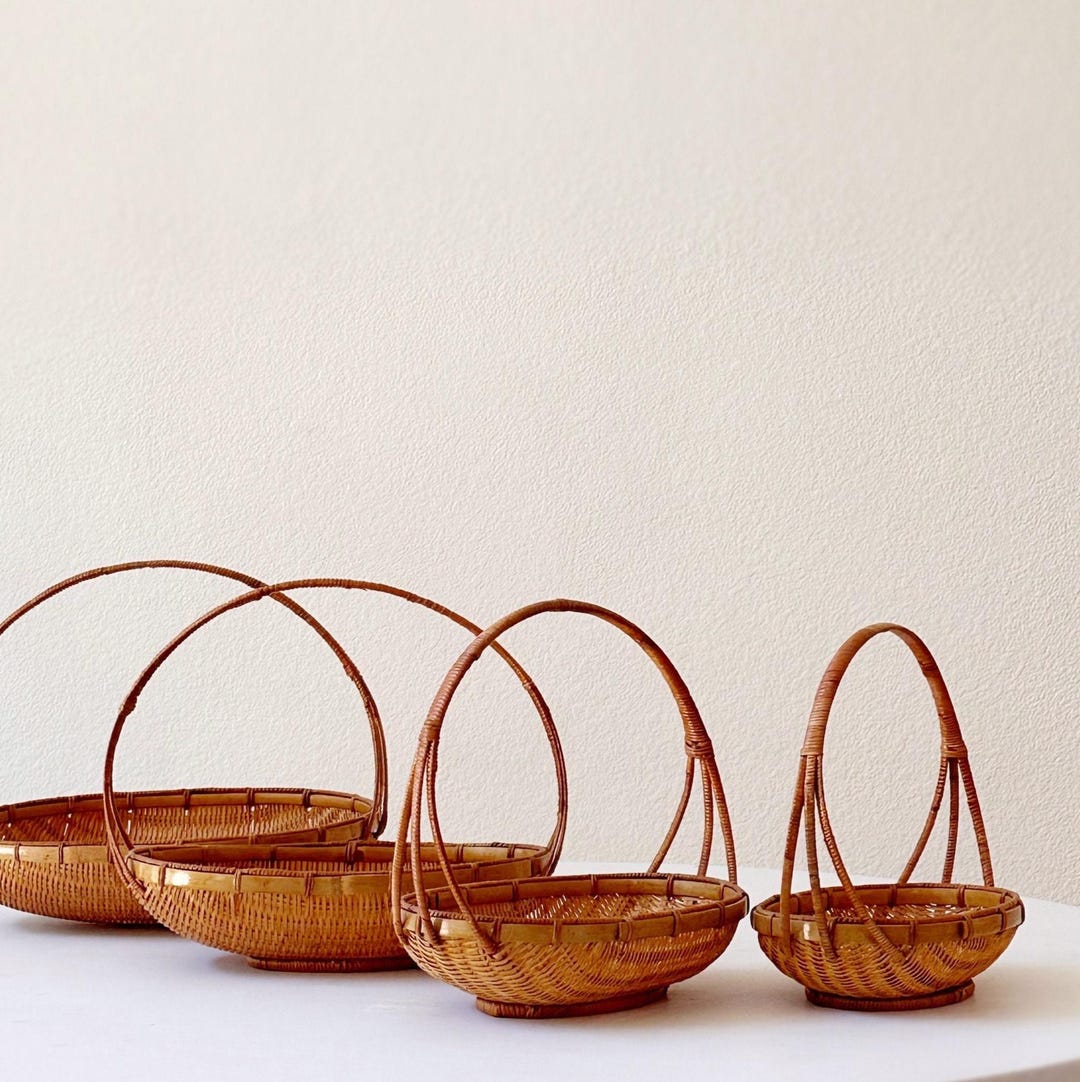 Set of 4 Asian Nesting Woven Rattan Baskets With Handles | Stacking ...
