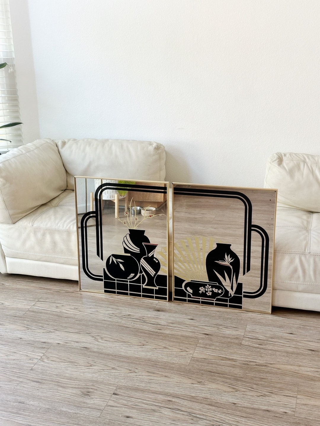 Postmodern Framed Diptych Glass Mirror Art Print With Bird of Paradise ...