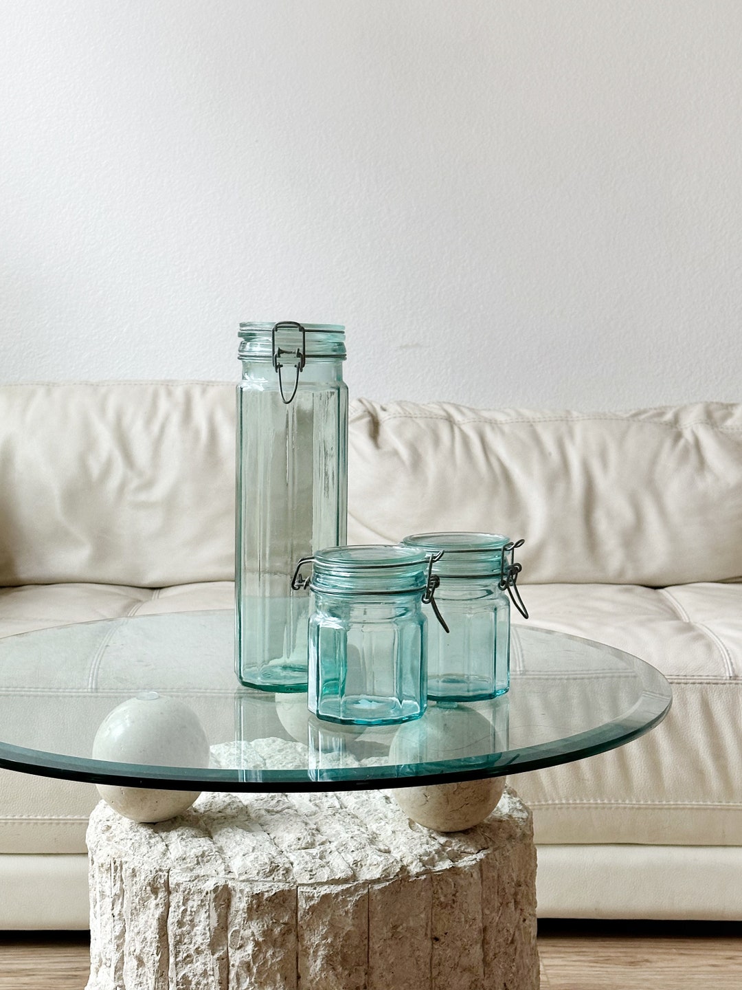 Hinged Vintage Blue Glass Canister With Wire Bale Set 3 | Farmhouse ...