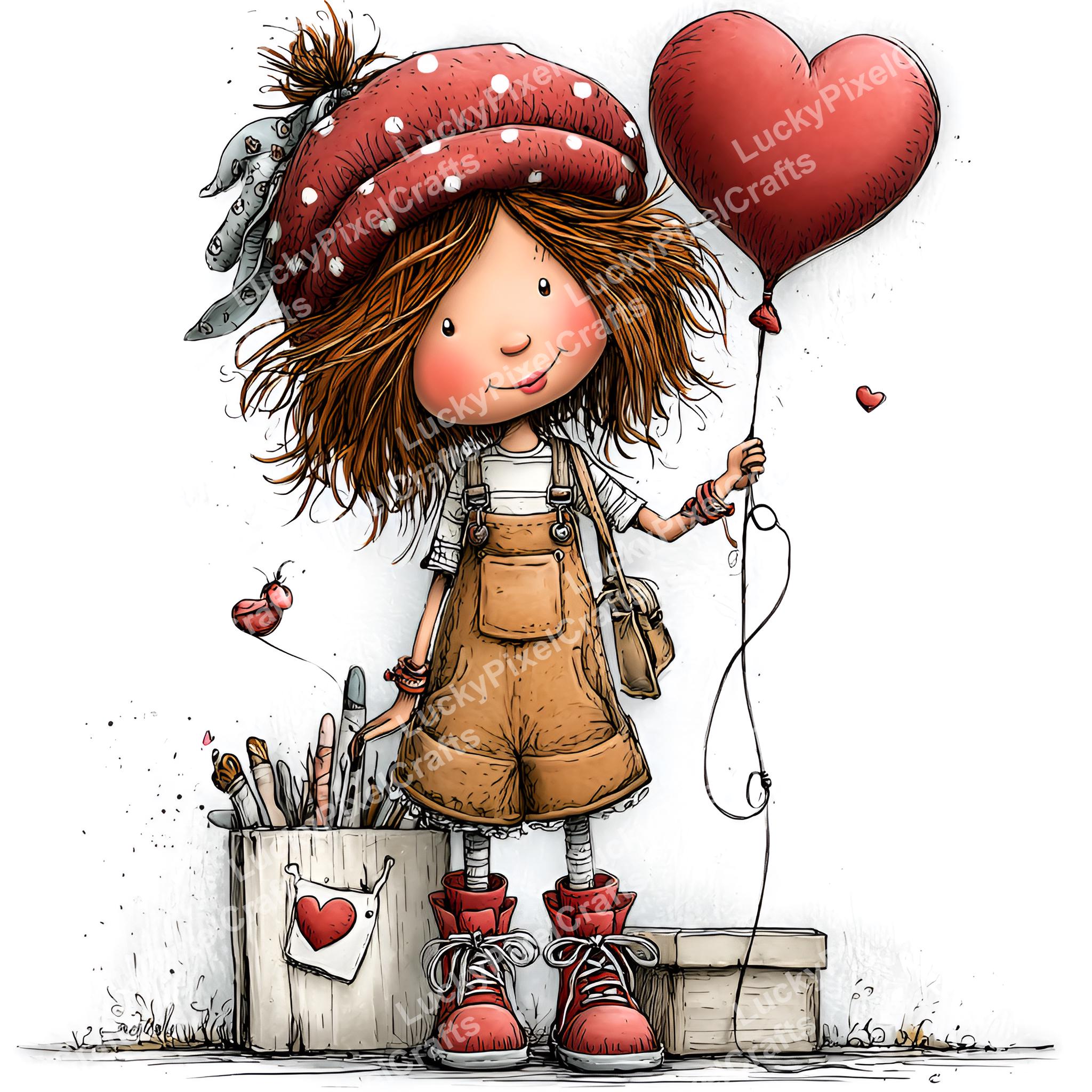 Girl Clipart, JPG, Whimsical Valentines Day Clipart (instant Download ...