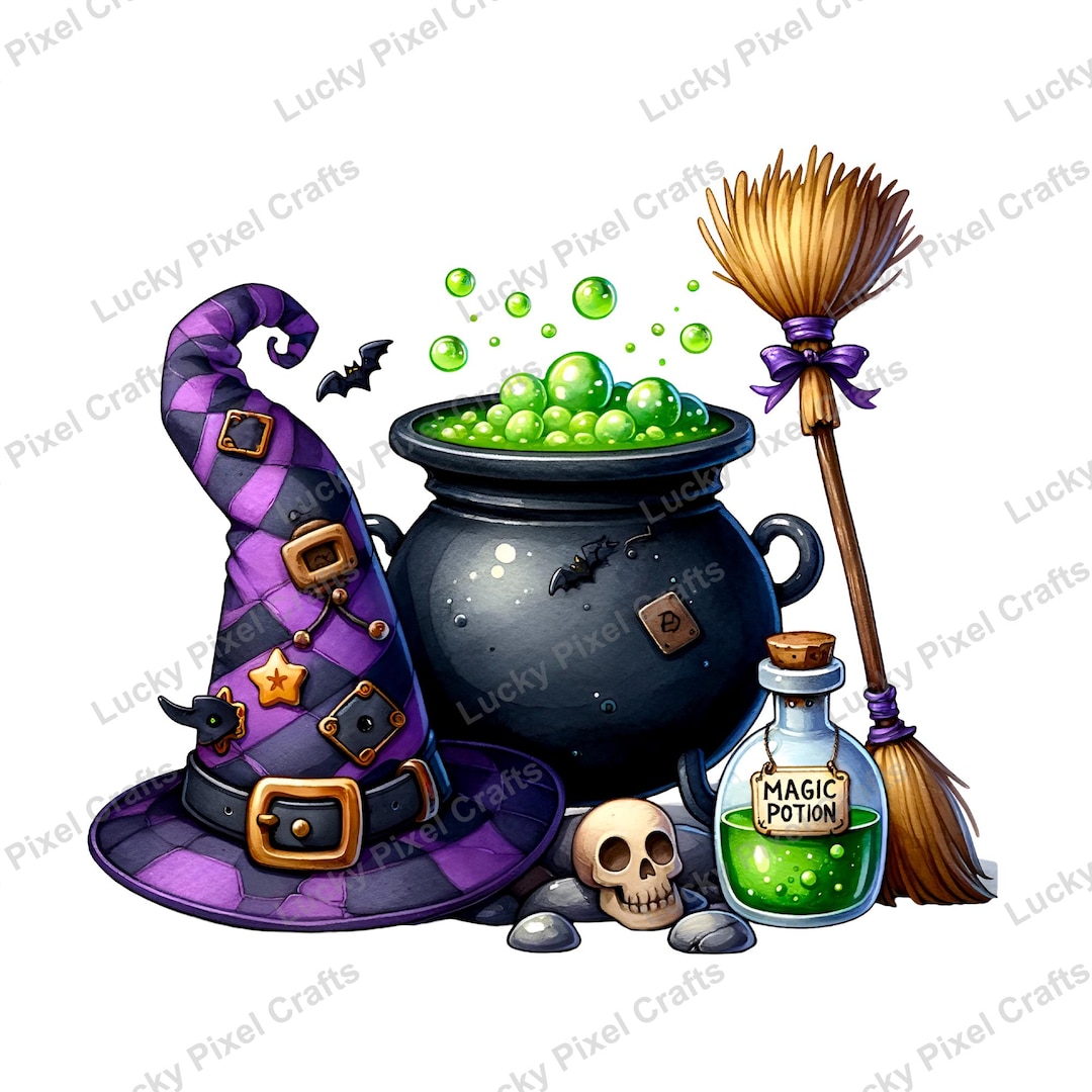 Halloween Witch Cauldron Clipart PNG, Holiday Card Making (digital ...