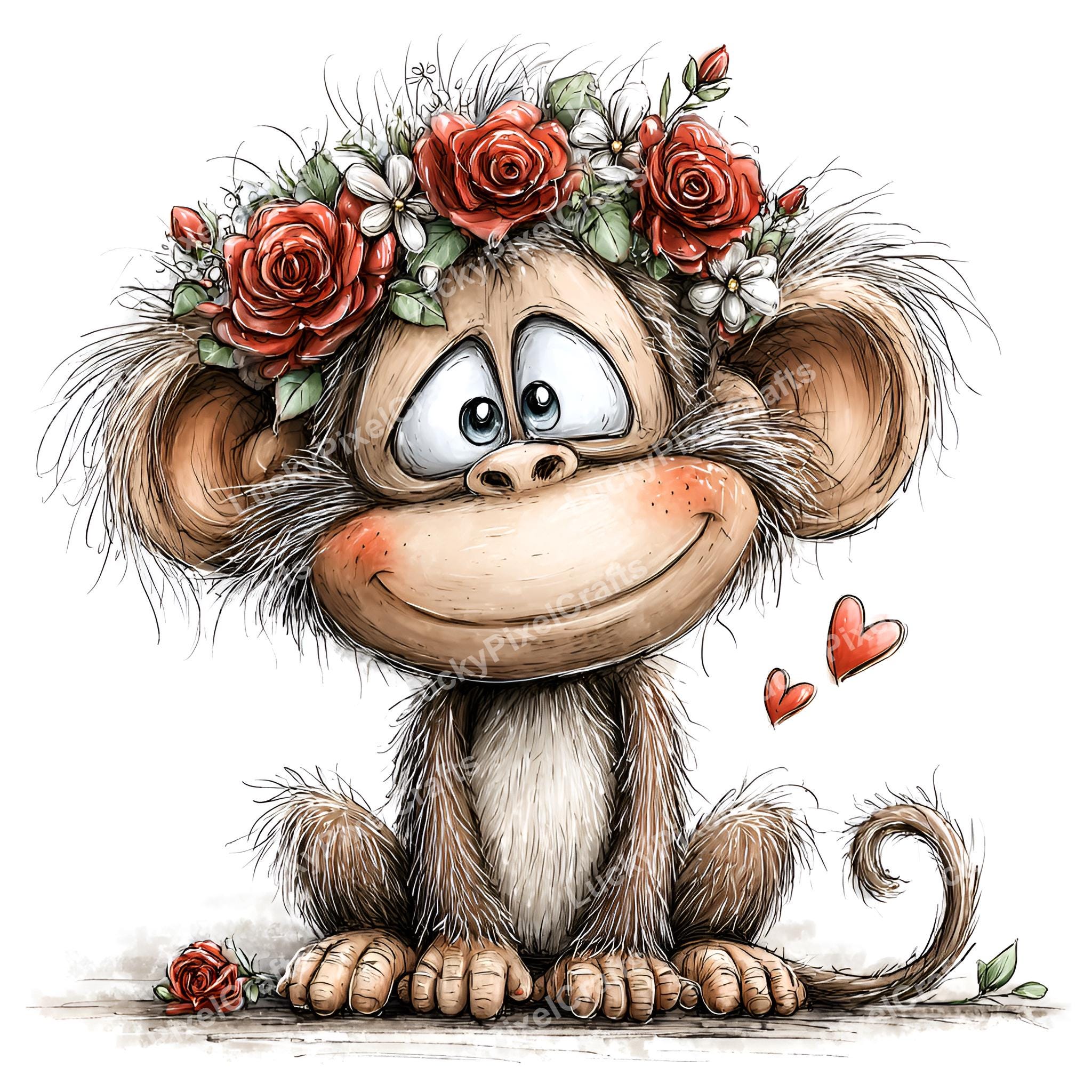 Monkey Clipart, JPG, Whimsical Valentines Day Clipart (instant Download ...