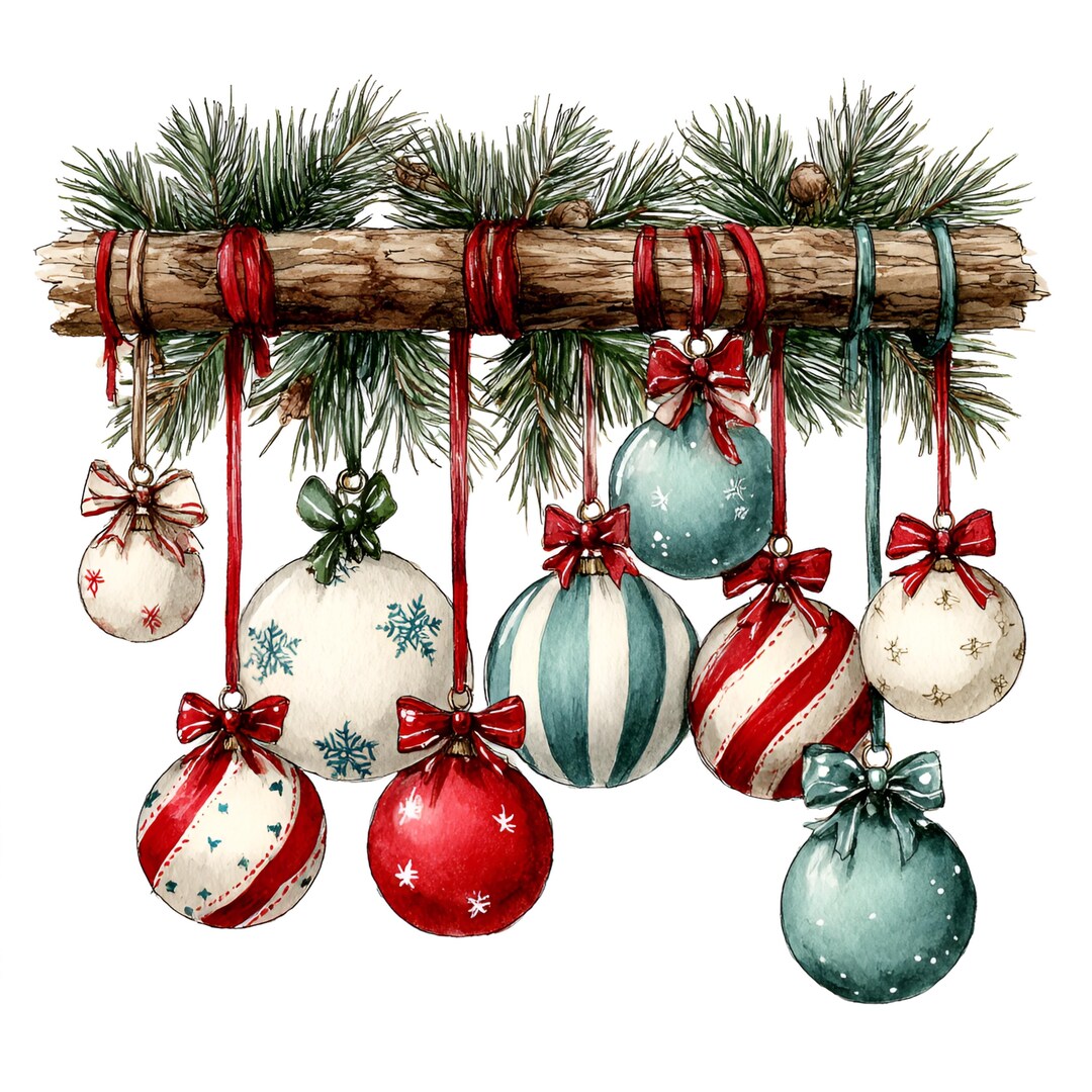 Watercolor Christmas Ornament Clipart, Holiday Decoration PNG (digital ...