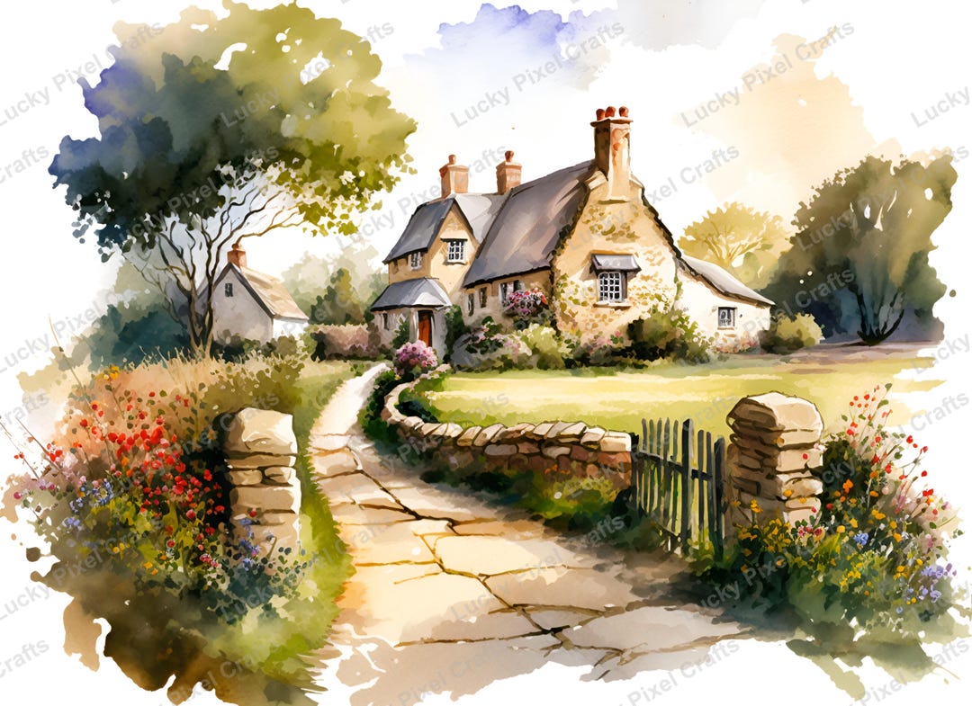 Watercolor Cottage Clipart, Summer Landscape JPG (digital Download) - Etsy