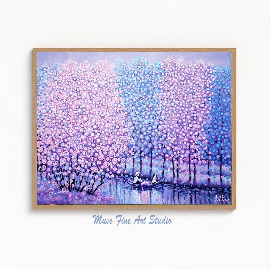 Spring Landscape Art Print, Modern Pink Purple Painting, Horizontal ...