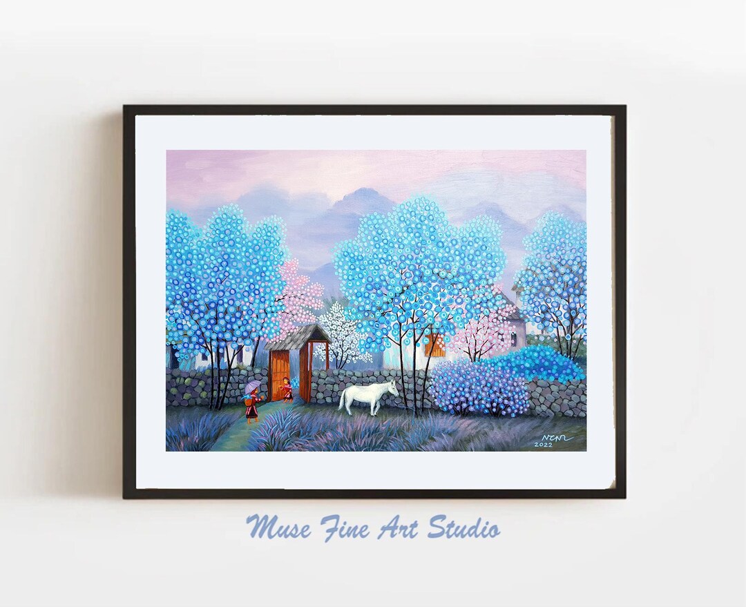 Blue Countryside Landscape Art, White Horse, Flower Trees (digital ...