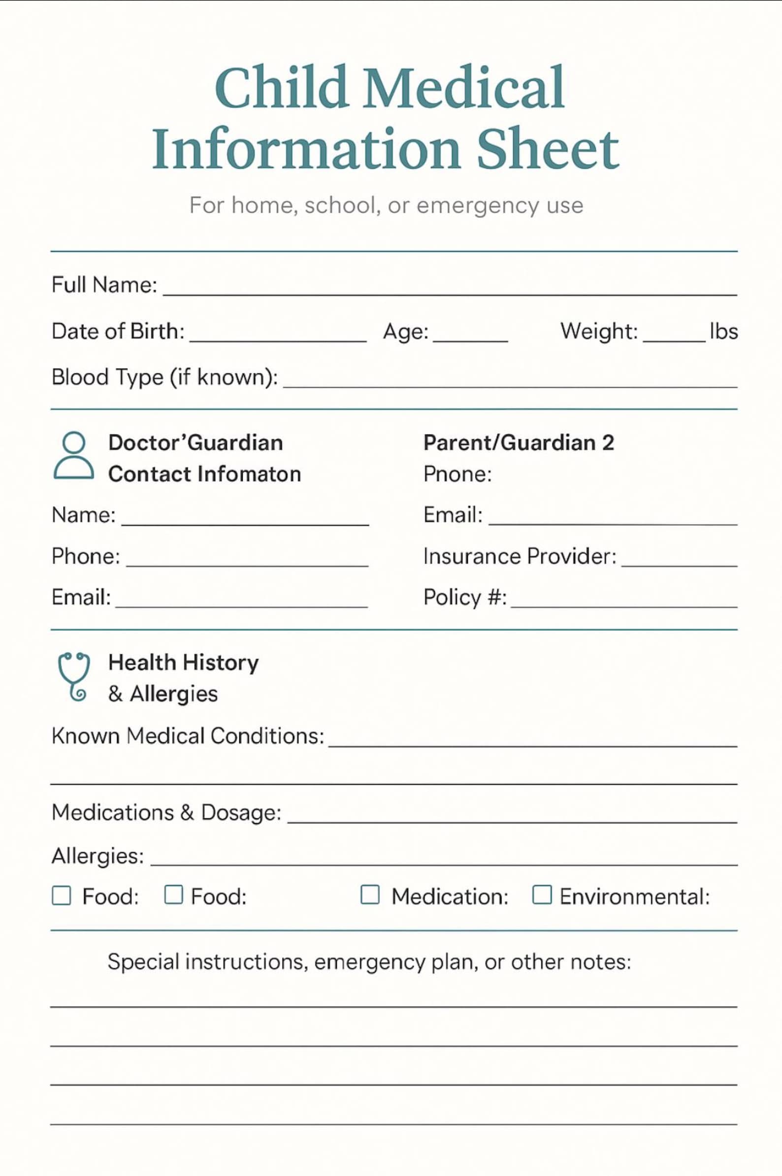 Child Medical Information Sheet - Etsy