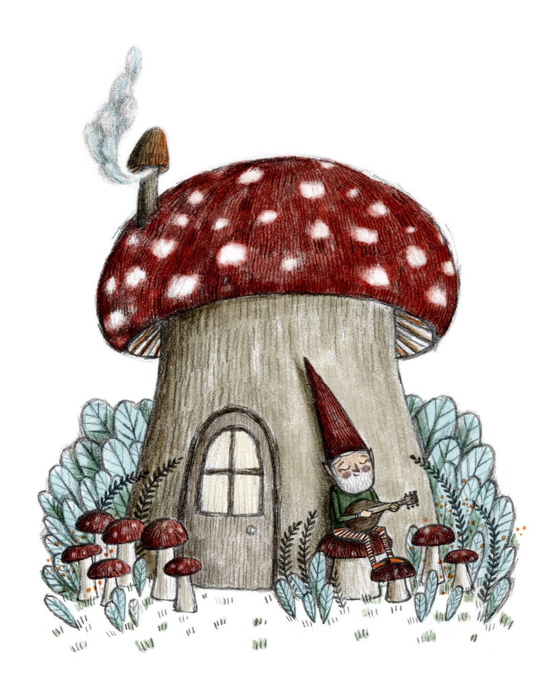 Gnome and His Toadstool Home Art Print, Woodland Decor, Whimsical ...