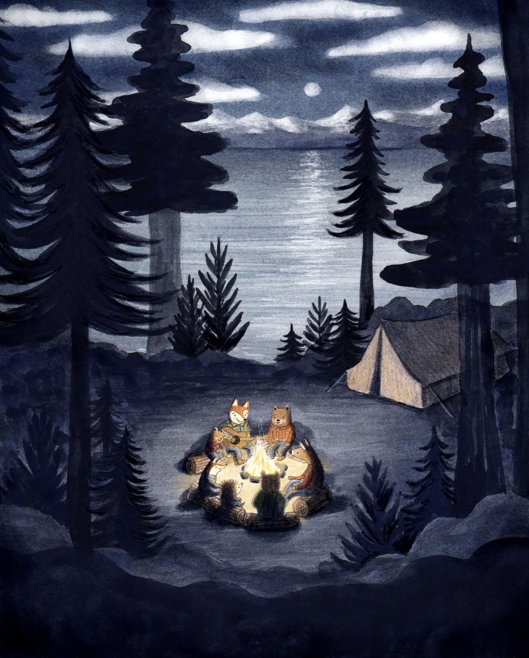 Campfire Friends Art Print, Camping Illustration, Woodland Animals ...